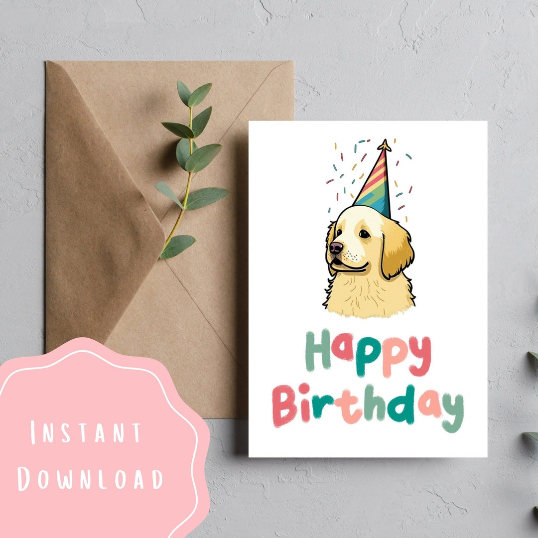 Cute Golden Retriever Birthday Card Happy Dog Printable Foldable ...