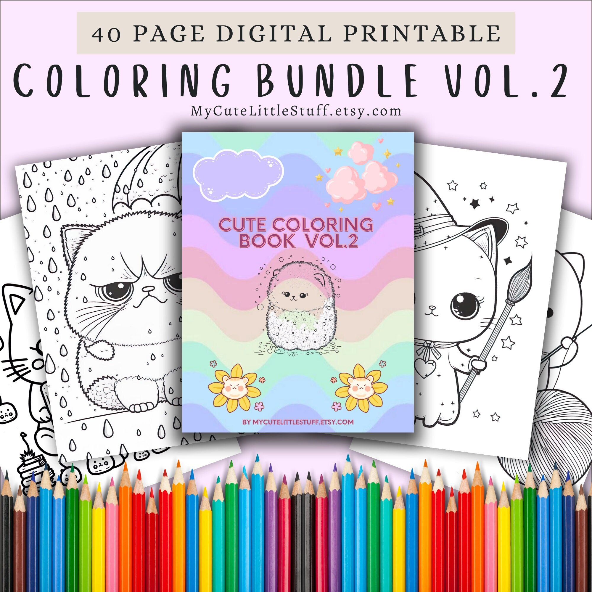 Cute Cuddly Cat Coloring Book Bundle 40pg Digital Printable Funny ...