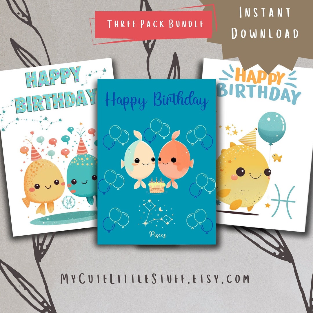 Pisces Zodiac Birthday Card 3 Pack Bundle Cute Astrology Sign Starsign ...