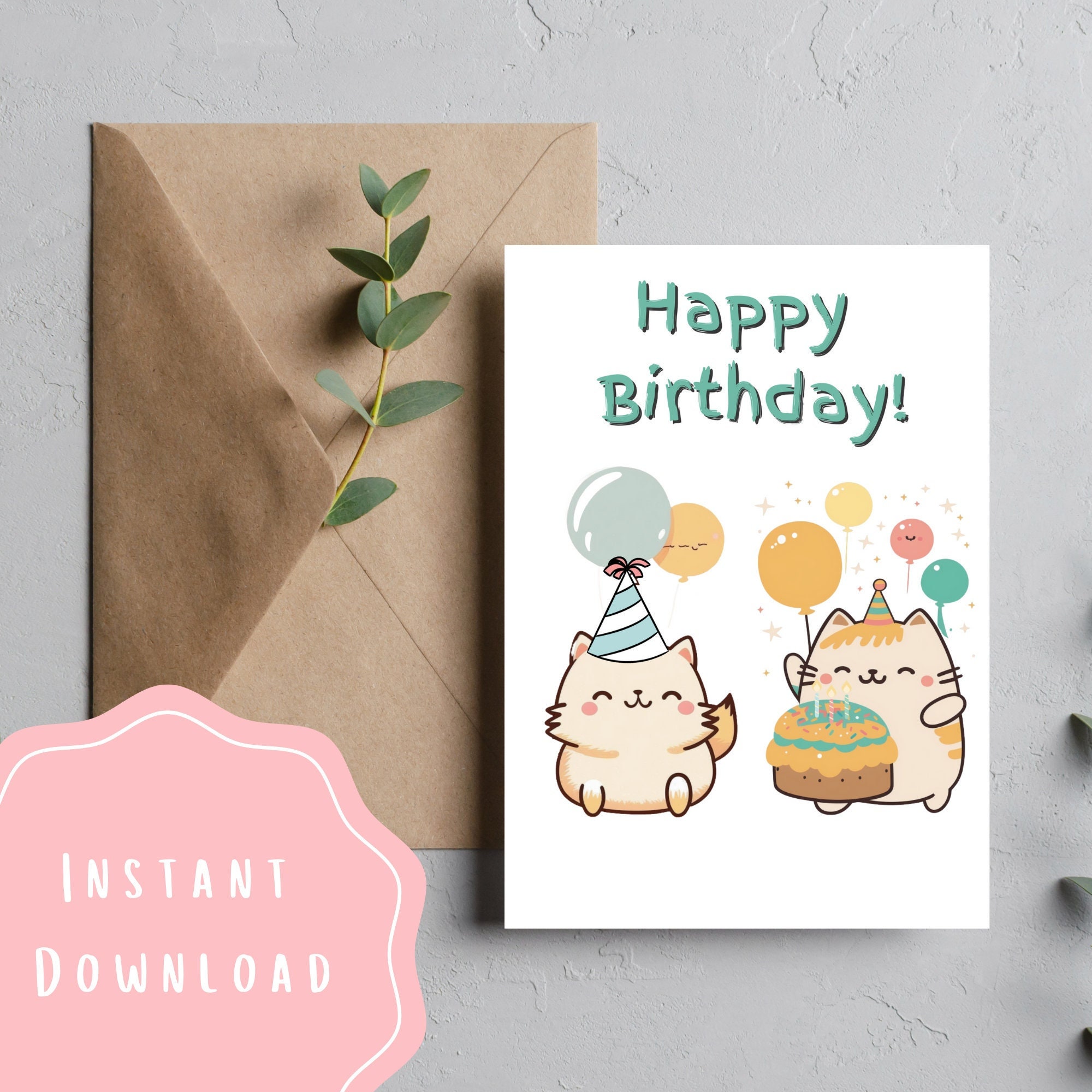 Birthday Card Happy Cute Cat Printable Foldable Birthday Greeting Funny ...