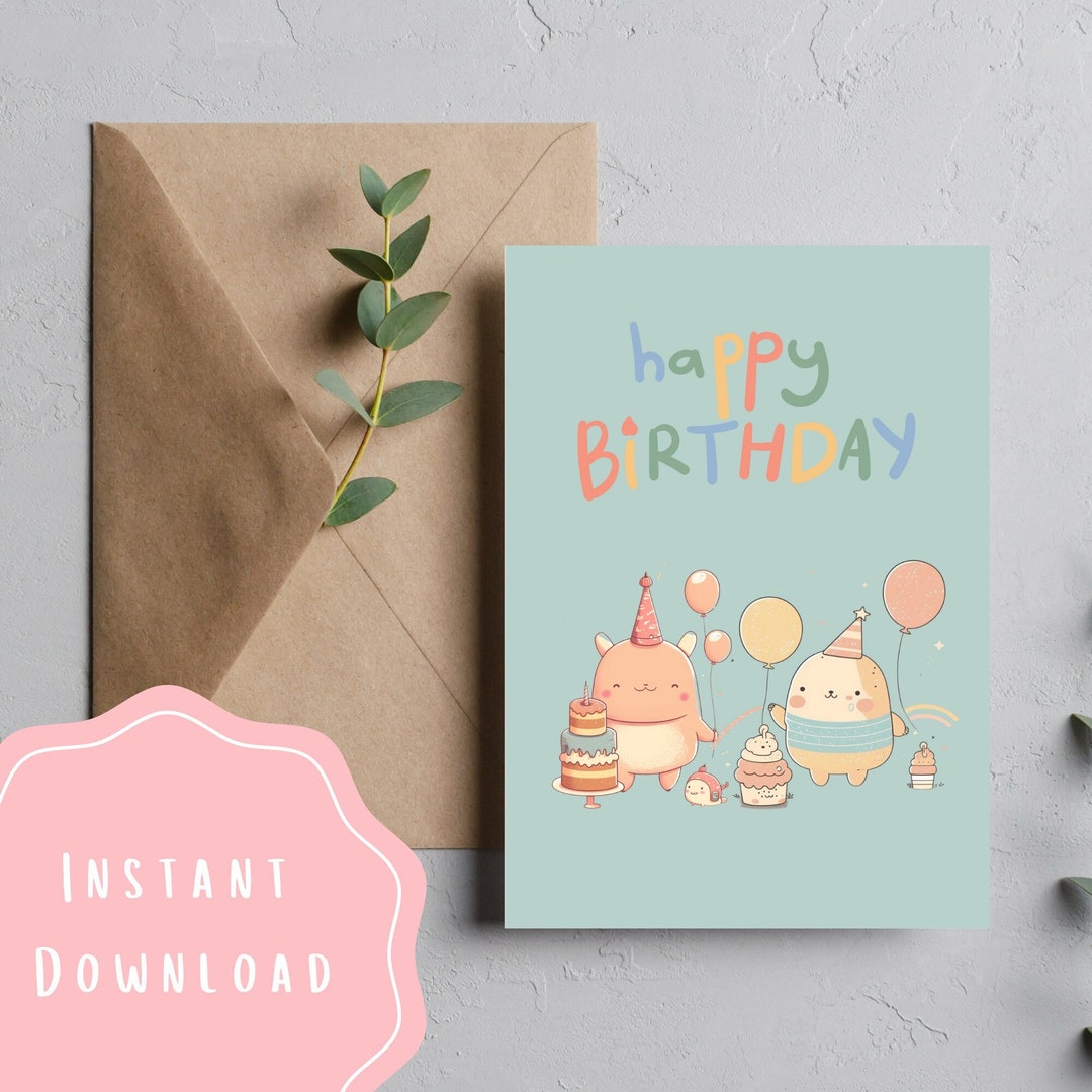 Cute Birthday Card Happy Animal Printable Foldable Birthday Card Funny ...