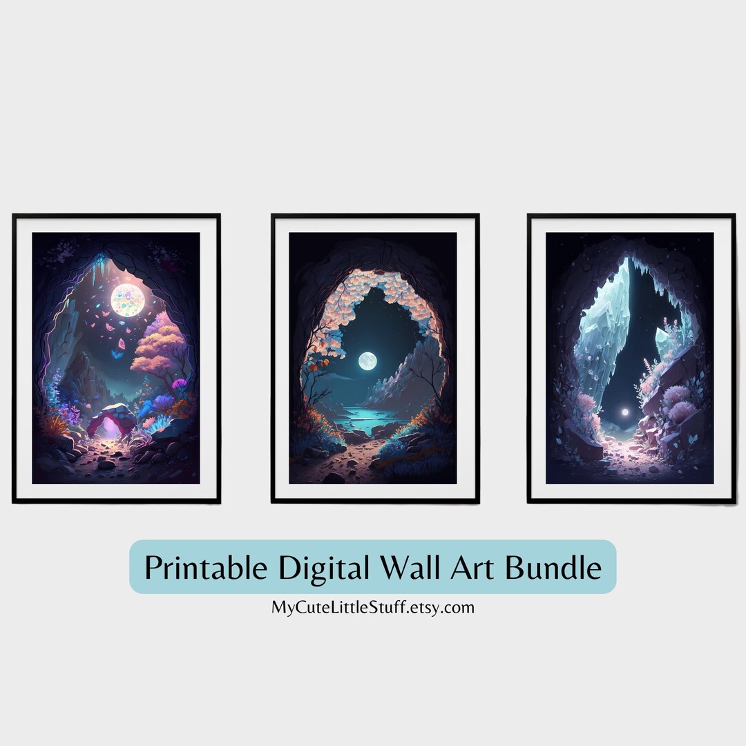 Pretty Cave With Flowers Crystals Digital Wall Art Easy Printable ...