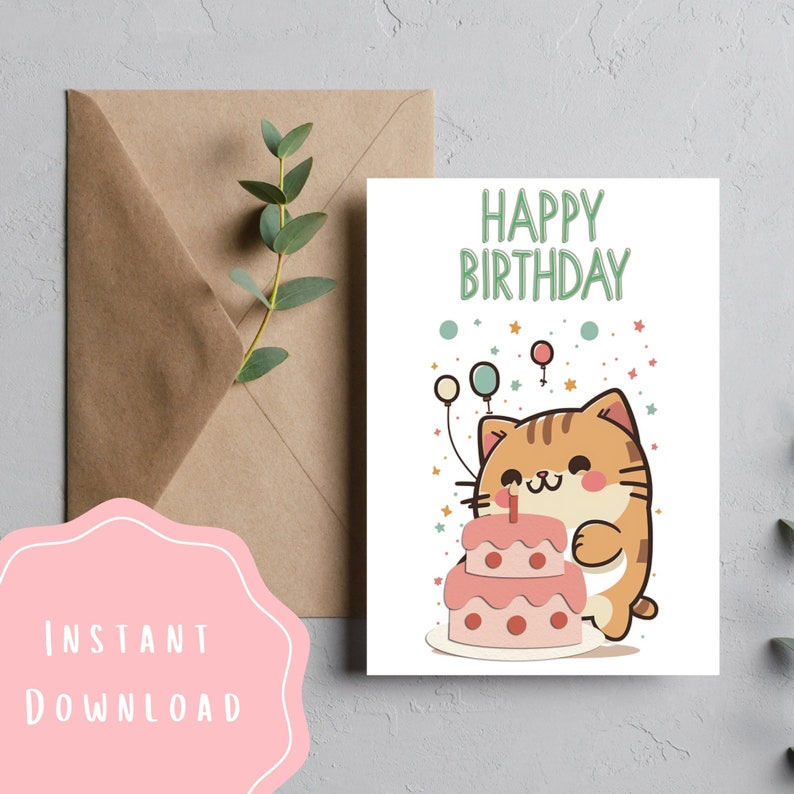 Birthday Card Happy Cute Cat Printable Foldable Birthday Greeting Funny ...