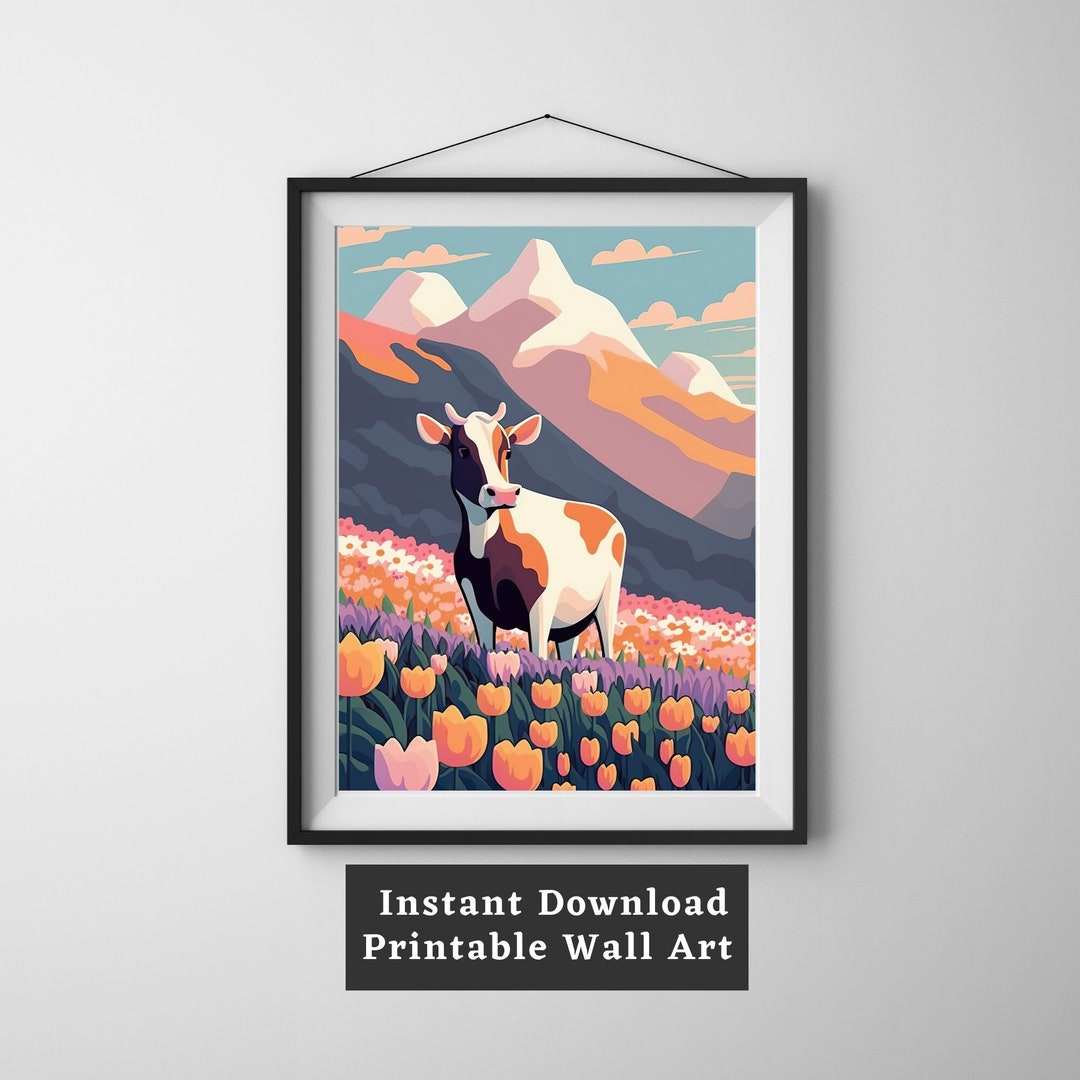 Retro Pretty Wall Art Printable Download Artwork Landscape Art Cute Cow ...