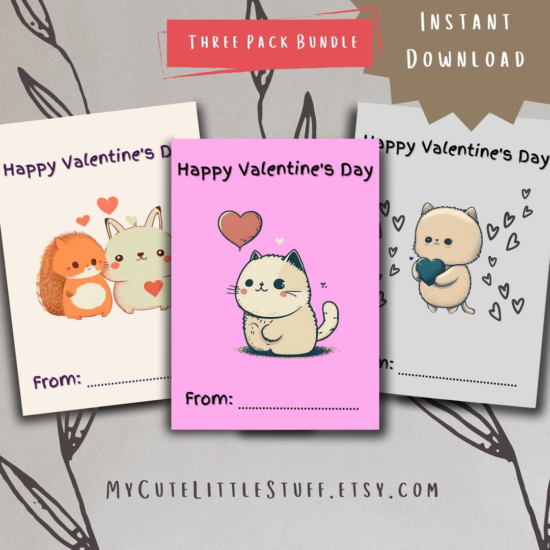 Classroom Valentines Day Card 3 Pack Bundle Cute Cats Printable ...