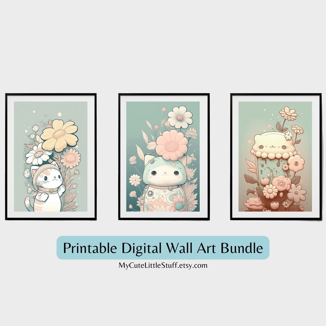 Kawaii Digital Wall Art Bundle 3 Pack Easy Printable Cute Kitty Poster ...