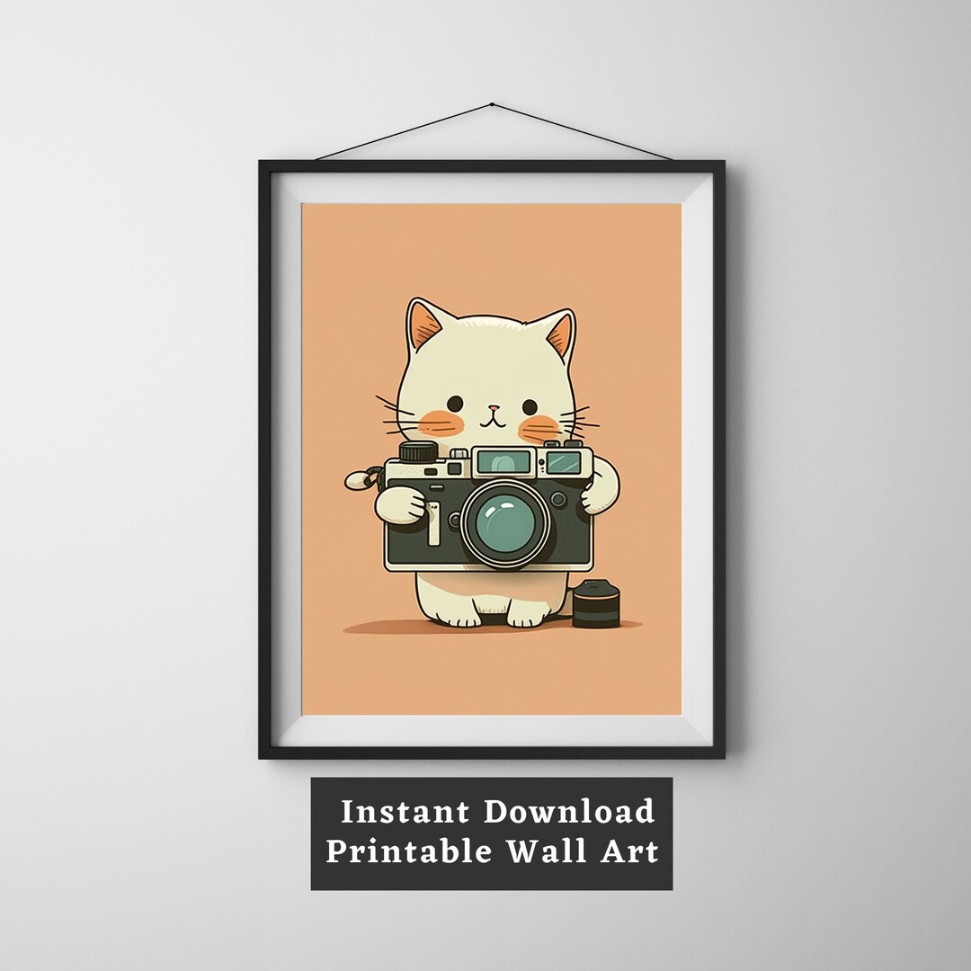 Cute Cat Photographer Digital Wall Art Easy Printable Artwork Fluffy ...