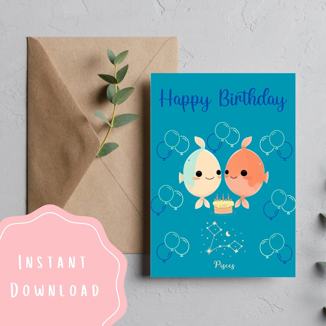 Cute Pisces Zodiac Birthday Card Happy Astrology Star Sign Easy ...
