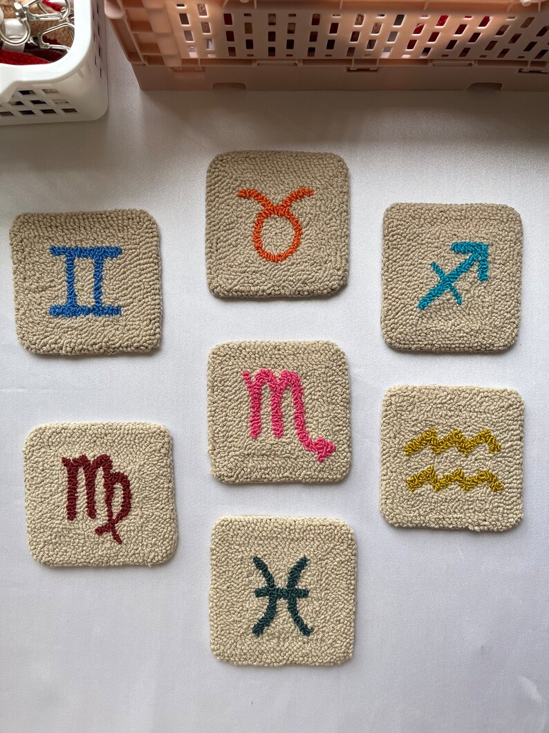 Zodiac Signs Tufted Mug Rug, Punch Needle Coasters, Birthday Gift for ...