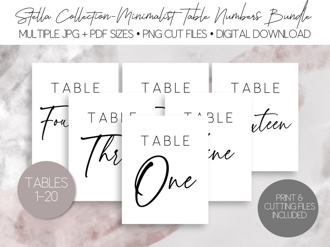 PRINTABLE Minimalist Table Number Bundle, Tables 1-20 in 4x6, 5x7, 7x10 ...