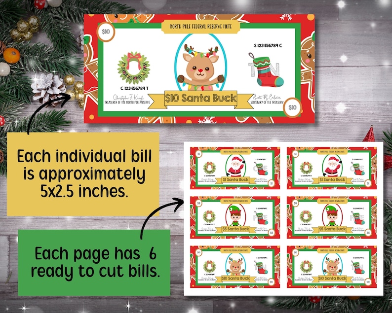 Printable Christmas Play Money- 1,5,10 Santa Bucks | Holiday Reward ...