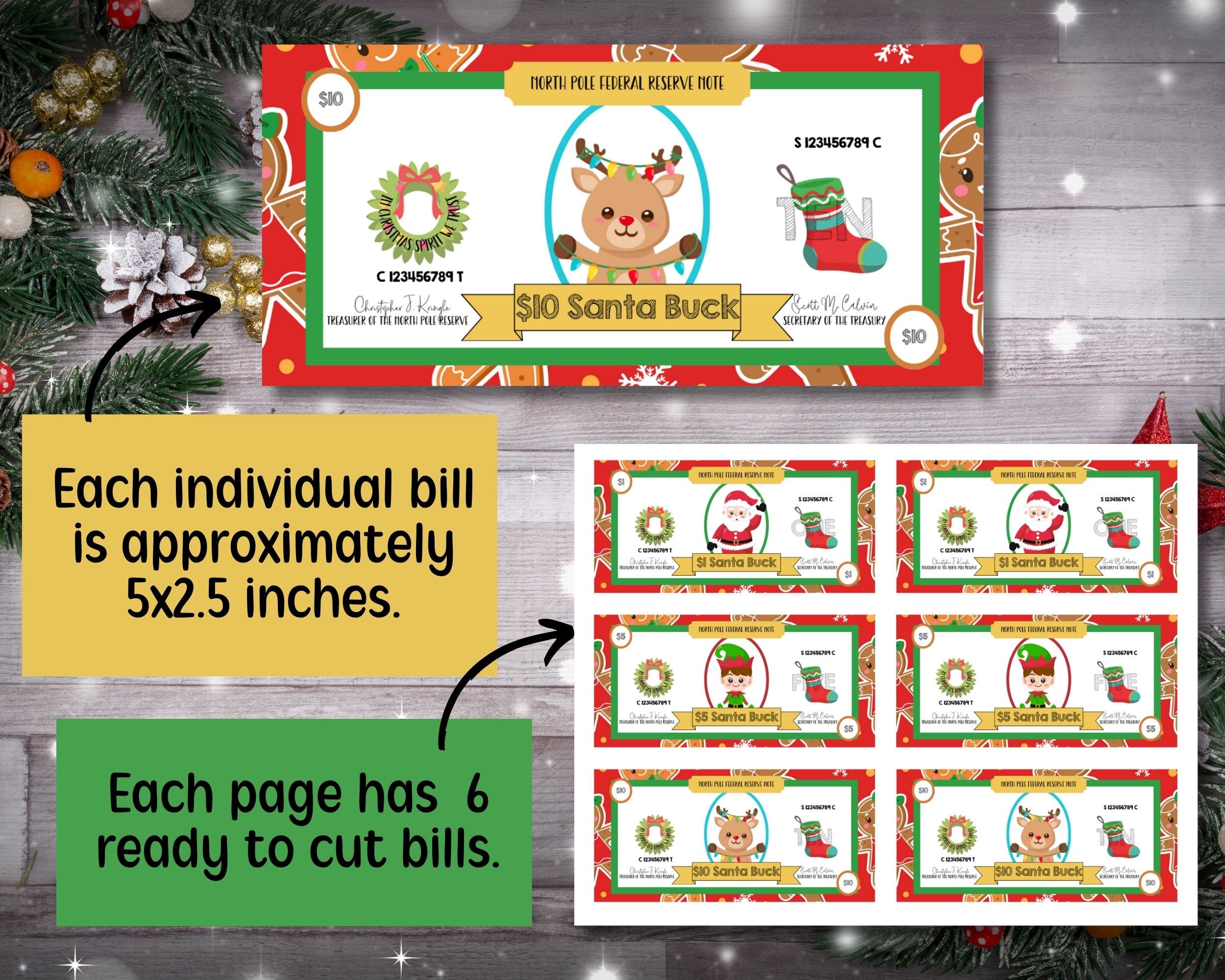 Printable Christmas Play Money- 1,5,10 Santa Bucks | Holiday Reward ...