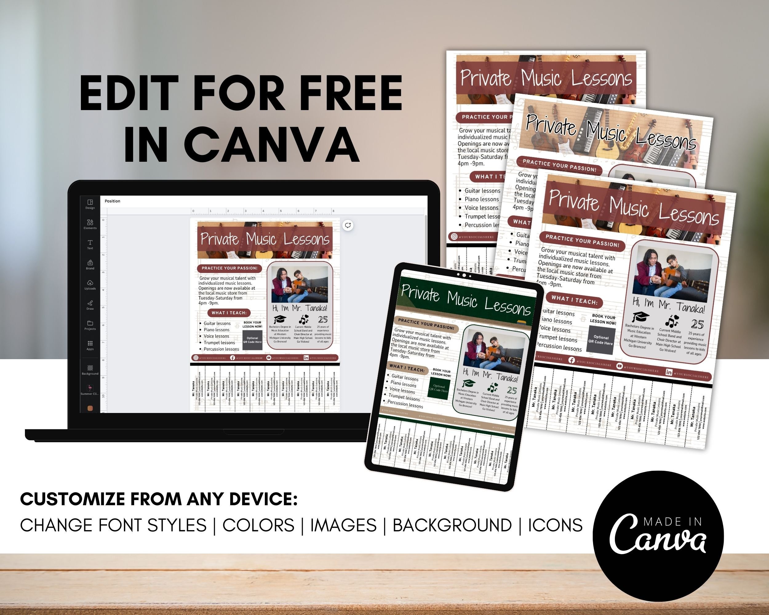 Music Lessons Business Flyers | Editable CANVA Template With Tear off ...