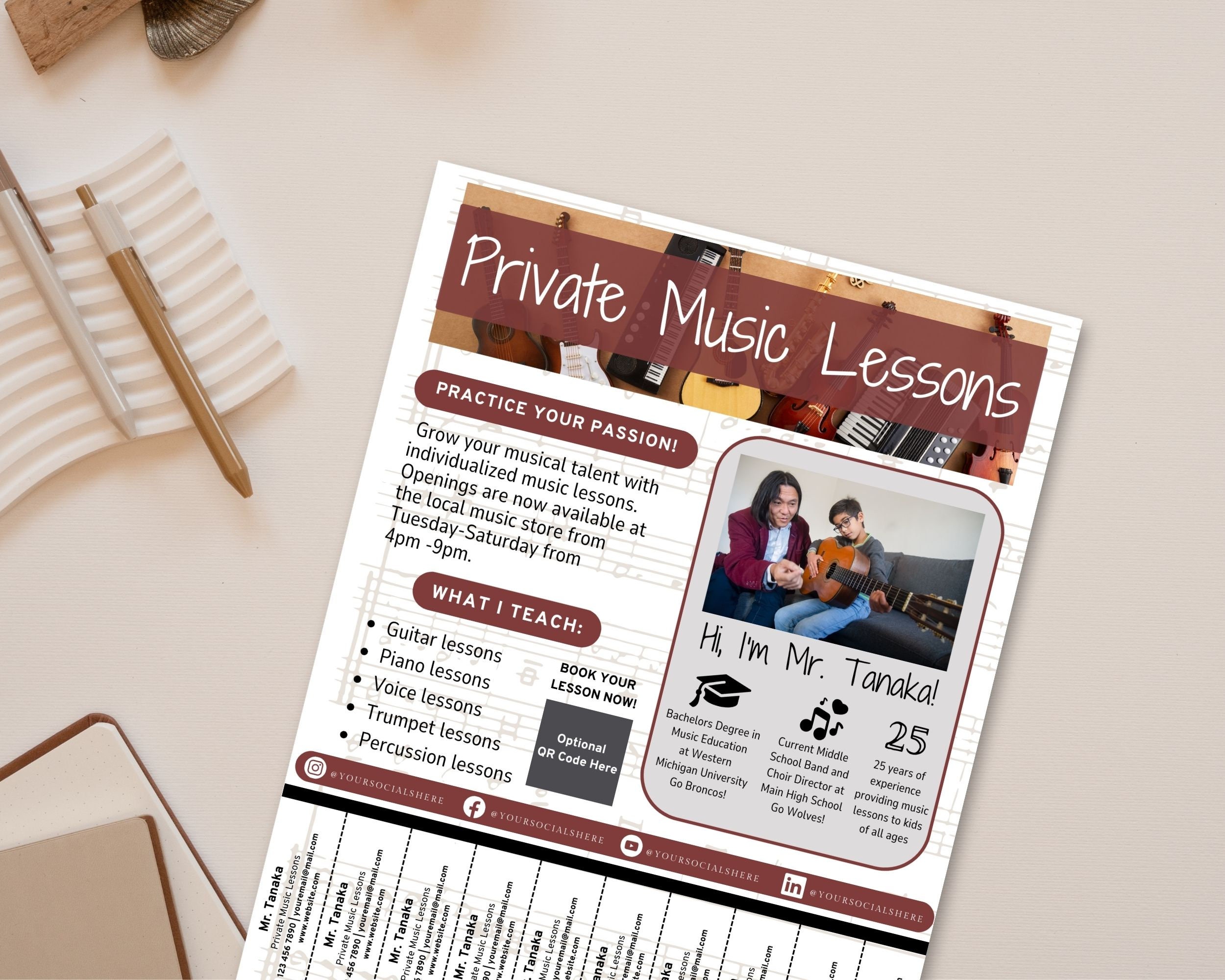Music Lessons Business Flyers | Editable CANVA Template With Tear off ...
