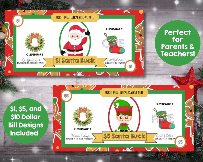 Printable Christmas Play Money- 1,5,10 Santa Bucks | Holiday Reward ...