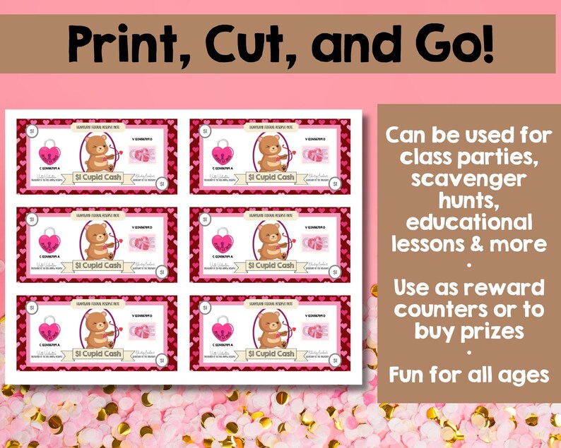 Printable Valentine's Day Play Money- 1,5,10 Cupid Bucks | Holiday ...