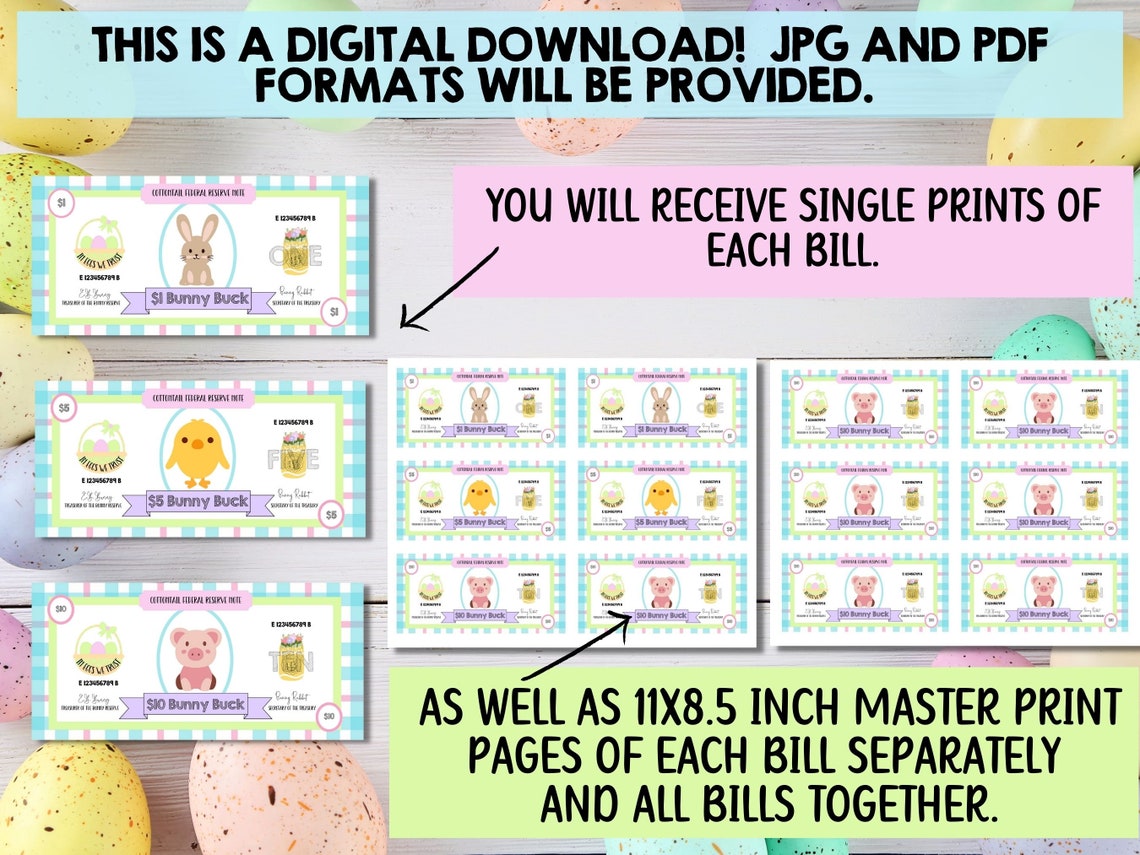 Printable Easter Bunny Bucks Money 1,5, & 10 Dollar Bills Great for ...