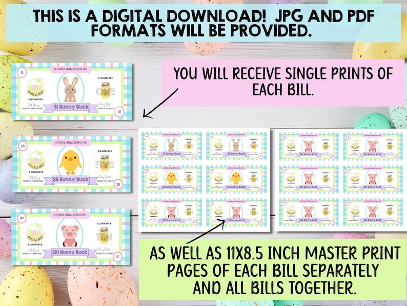 Printable Easter Bunny Bucks Money 1,5, & 10 Dollar Bills Great for ...