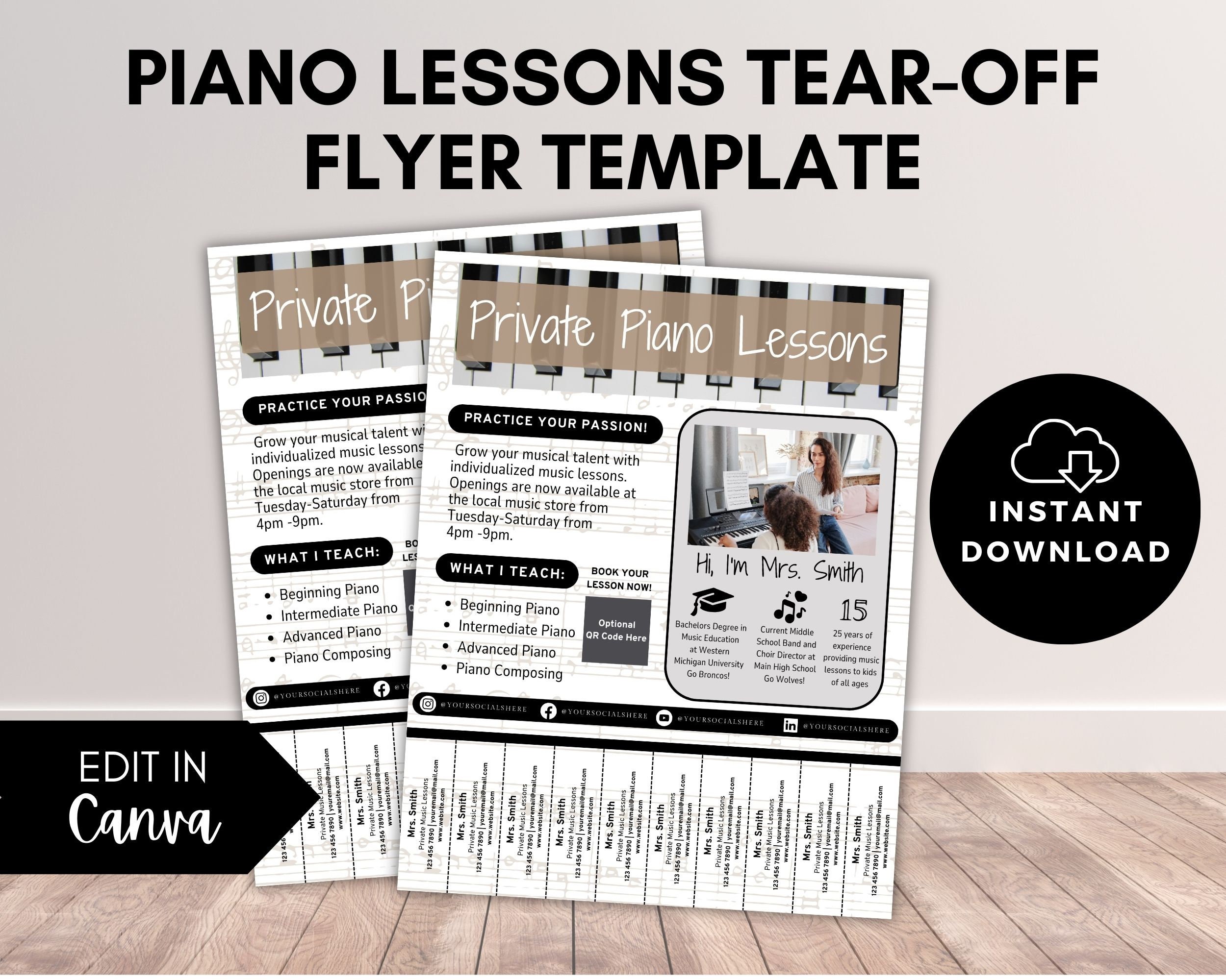 Piano Lessons Business Flyers | Editable CANVA Template With Tear off ...