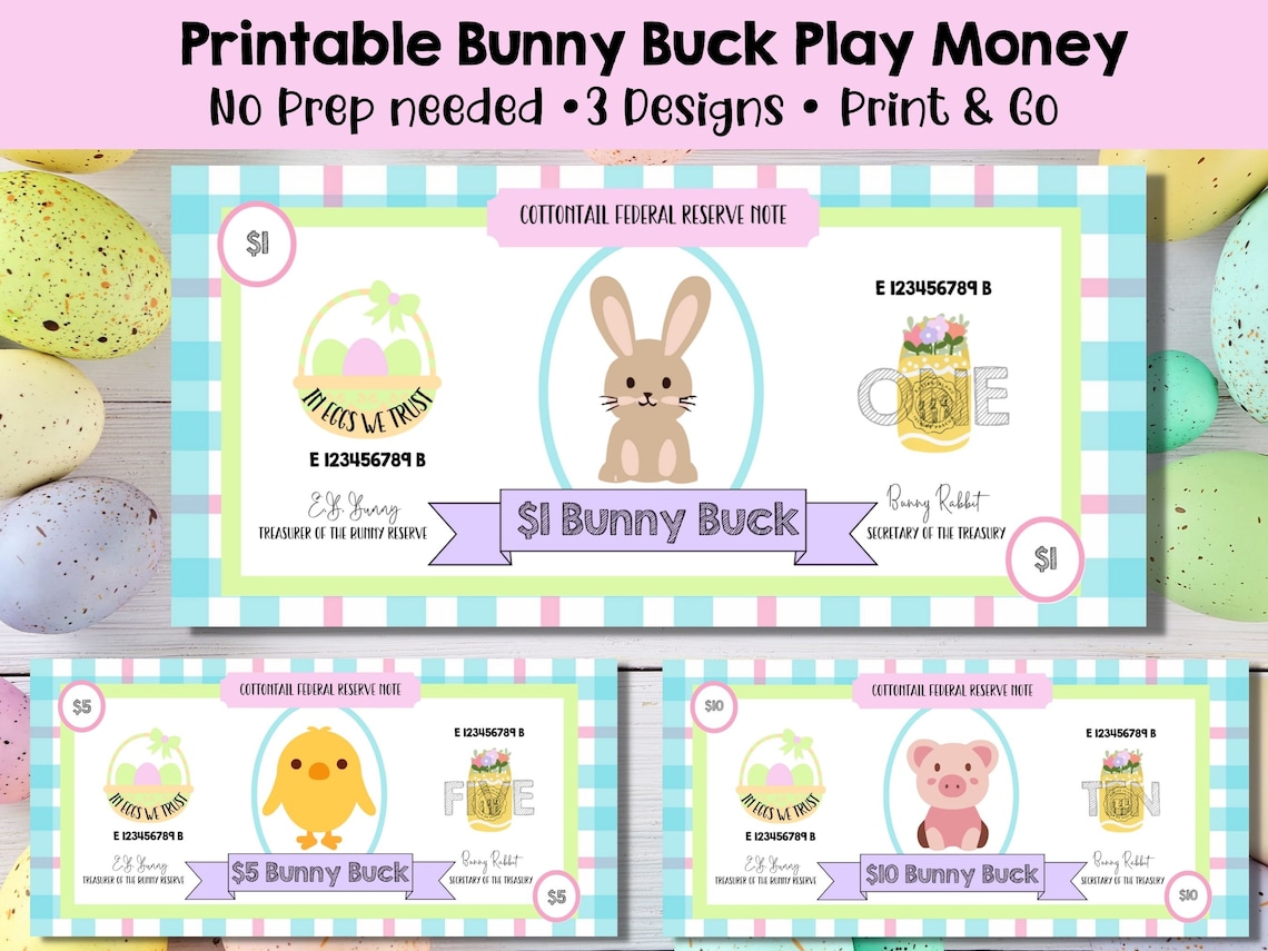 Printable Easter Bunny Bucks Money 1,5, & 10 Dollar Bills Great for ...