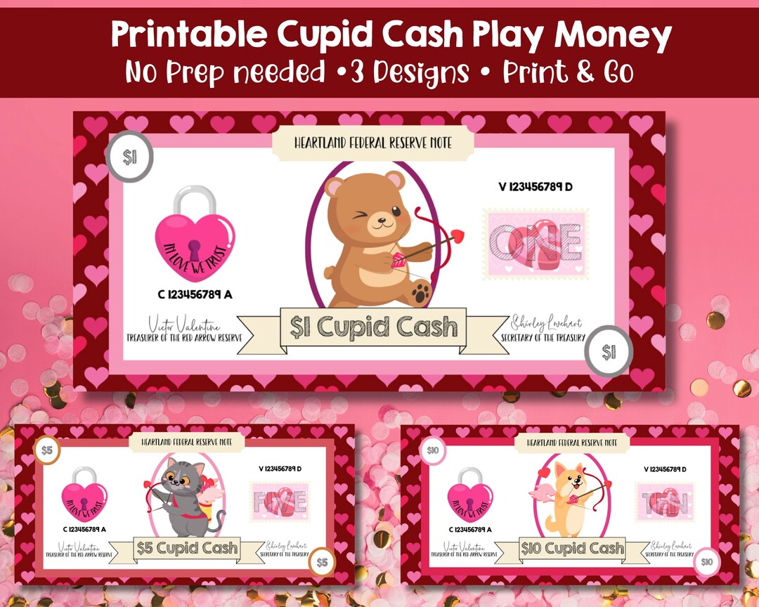 Printable Valentine's Day Play Money- 1,5,10 Cupid Bucks | Holiday ...