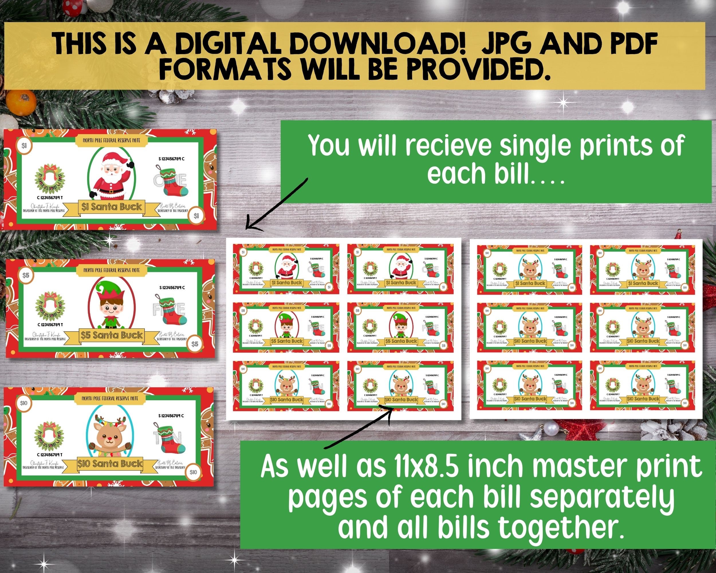 Printable Christmas Play Money- 1,5,10 Santa Bucks | Holiday Reward ...