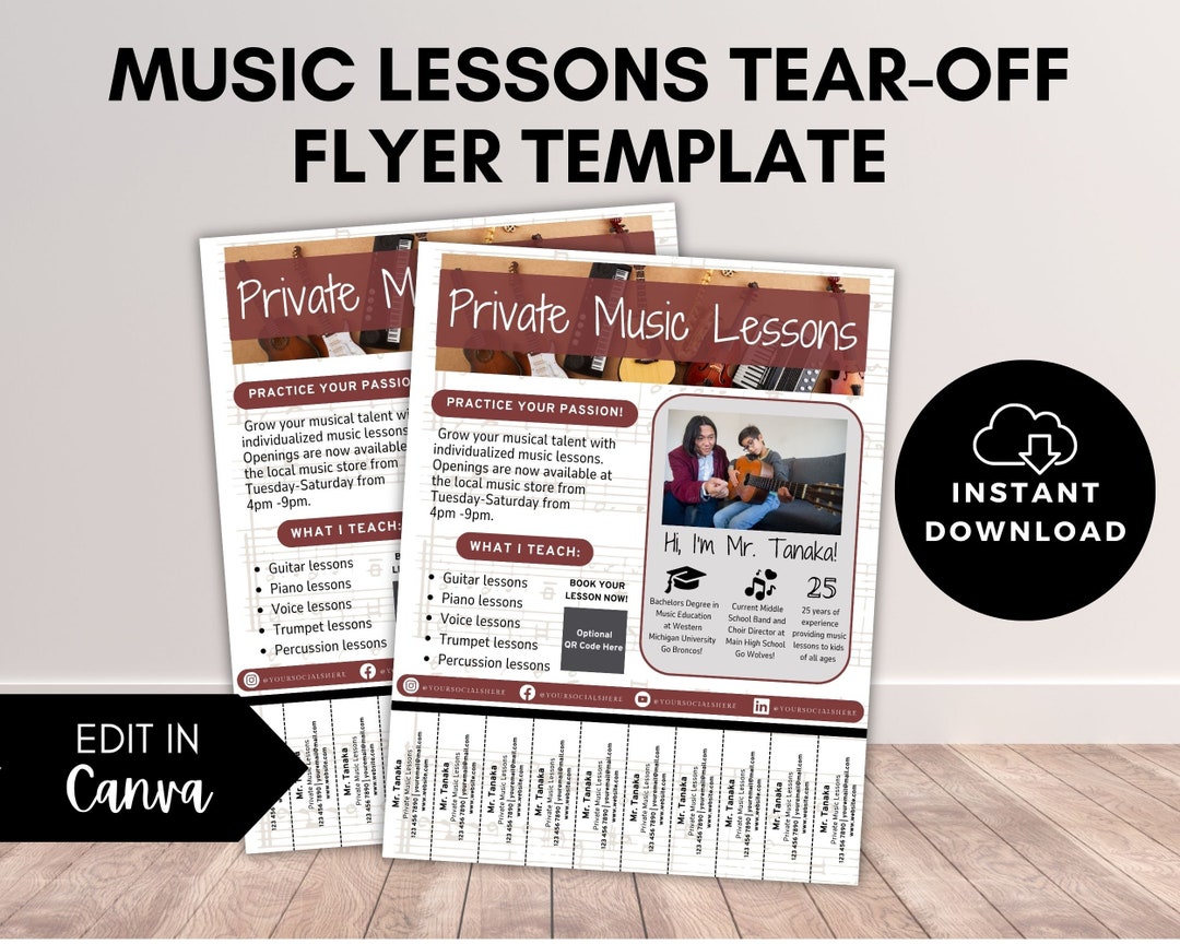 Music Lessons Business Flyers | Editable CANVA Template With Tear off ...