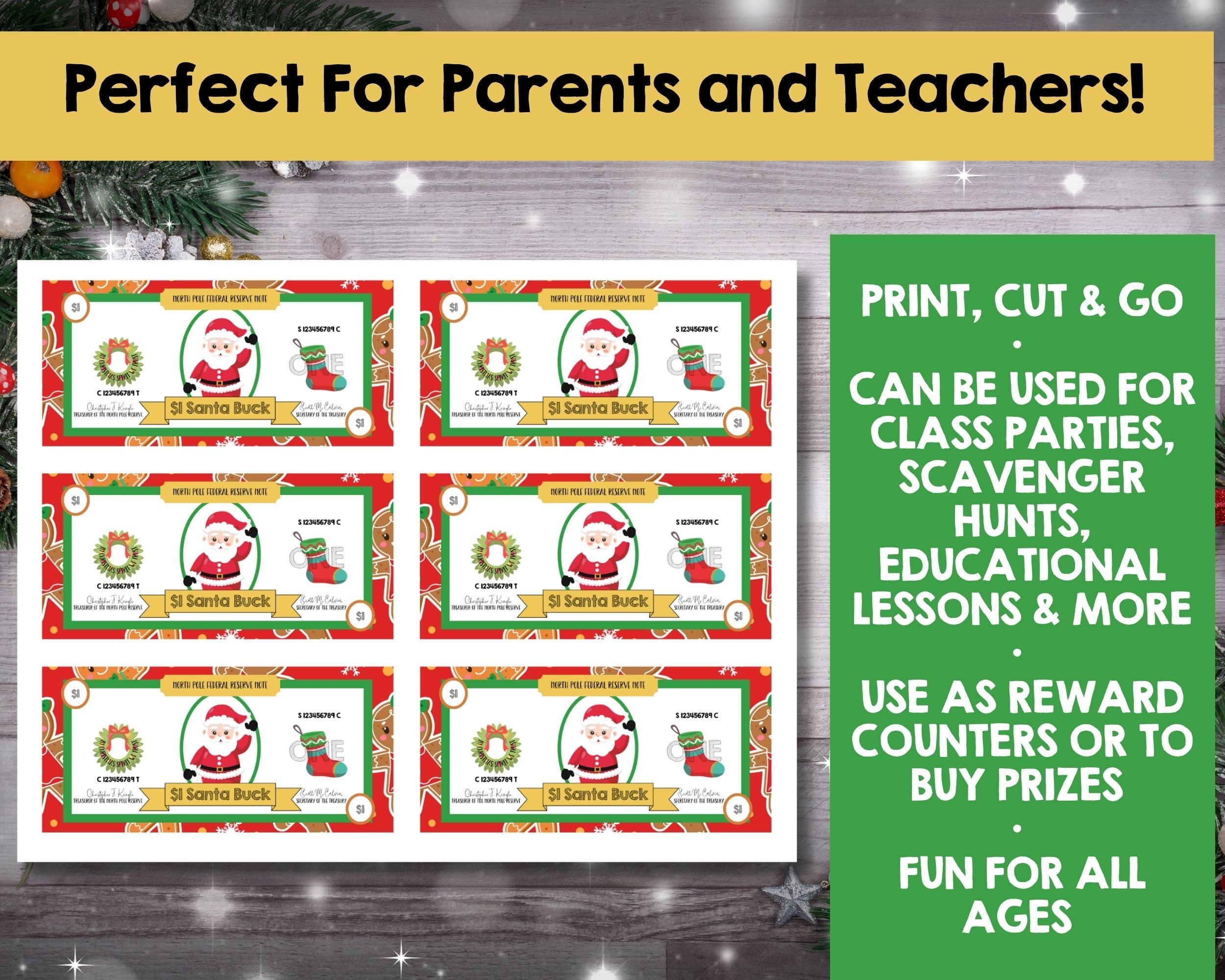 Printable Christmas Play Money- 1,5,10 Santa Bucks | Holiday Reward ...
