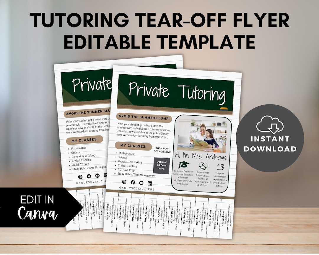 Tutoring Business Flyer CANVA Template, Tear off Flyer, Middle School ...