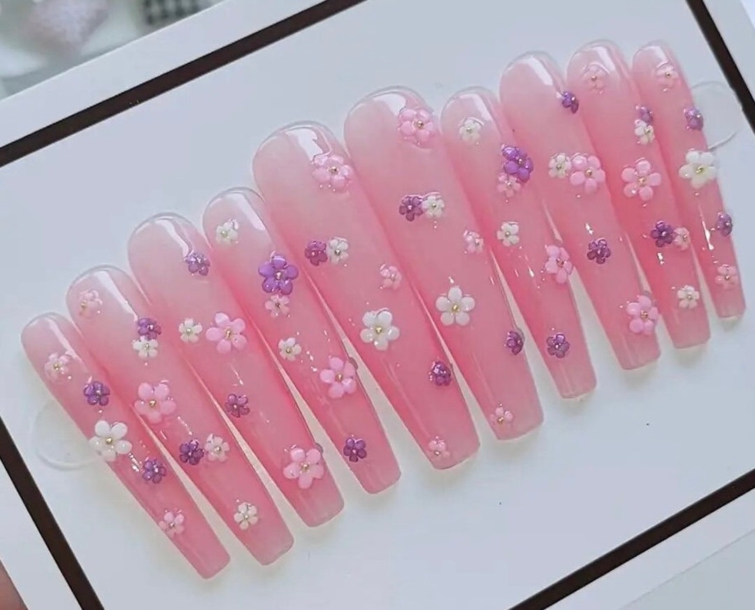 Clear Pink and Flower Nails Custom Handmade Press on Reusable Nails ...