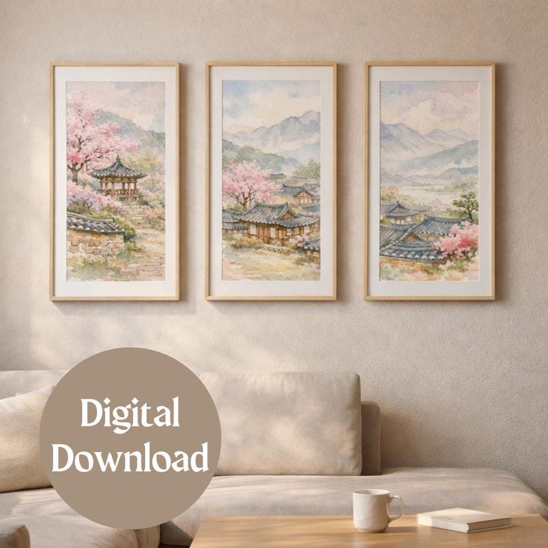 Korean Hanok Village Scene Triptych Wall Art (digital Download) - Etsy