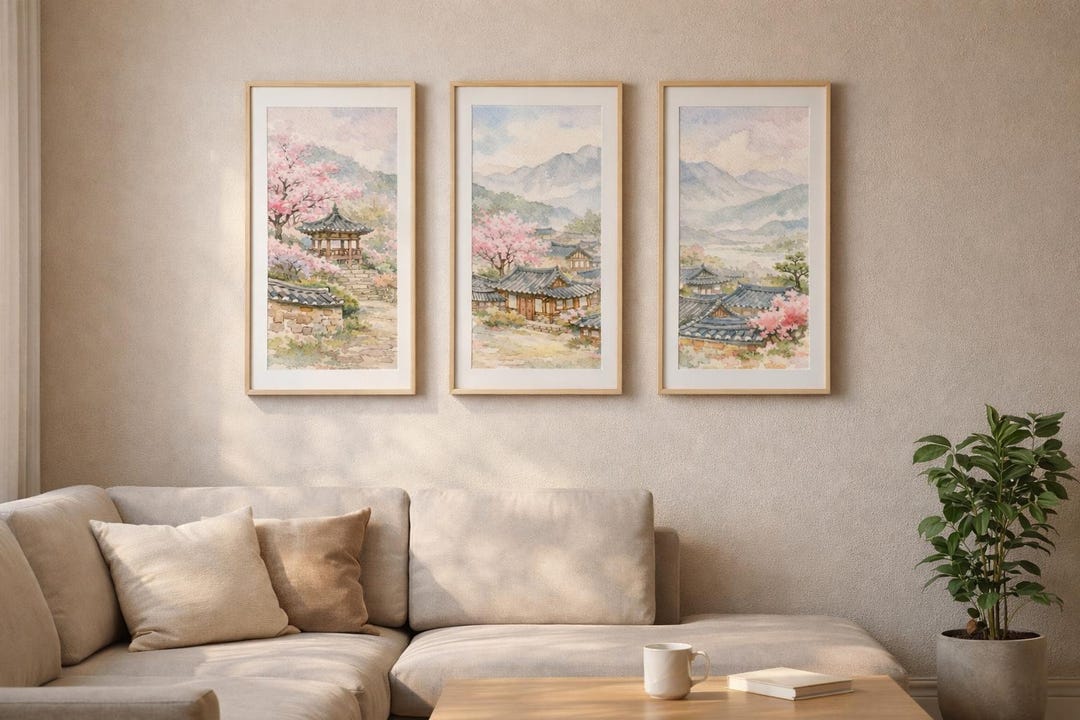 Korean Hanok Village Scene Triptych Wall Art (digital Download) - Etsy