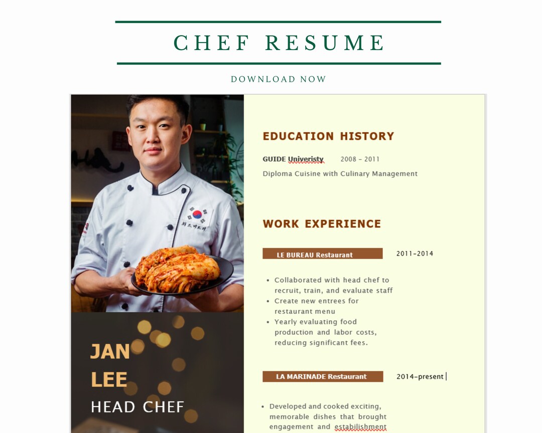 Chef-Bewerbungsvorlage Microsoft Word, , Cv Template , Küchenchef, Chef De Cuisine Aktiv - Etsy.de