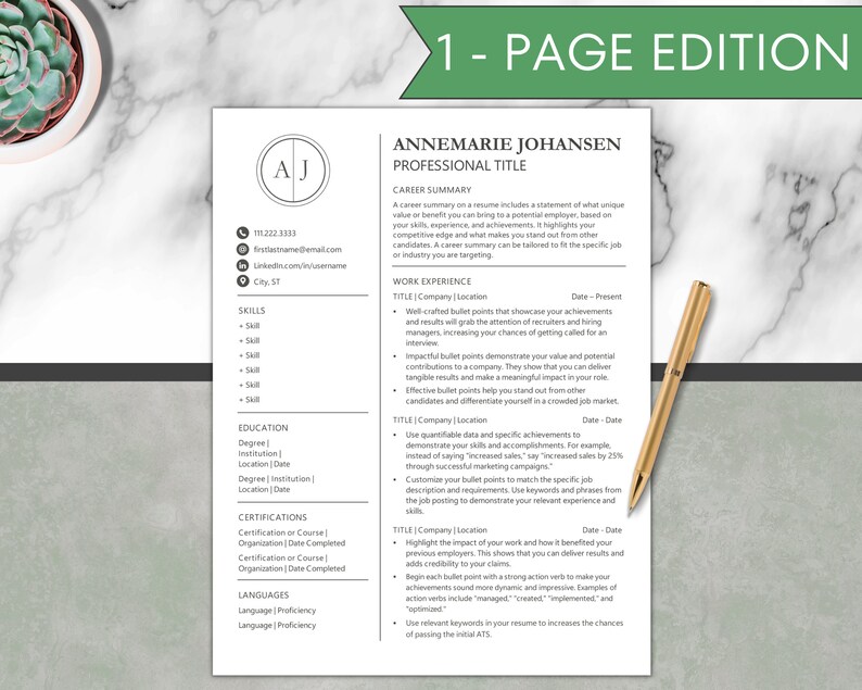 Monogram Resume, Professional Template, Executive Resume, Minimal ...