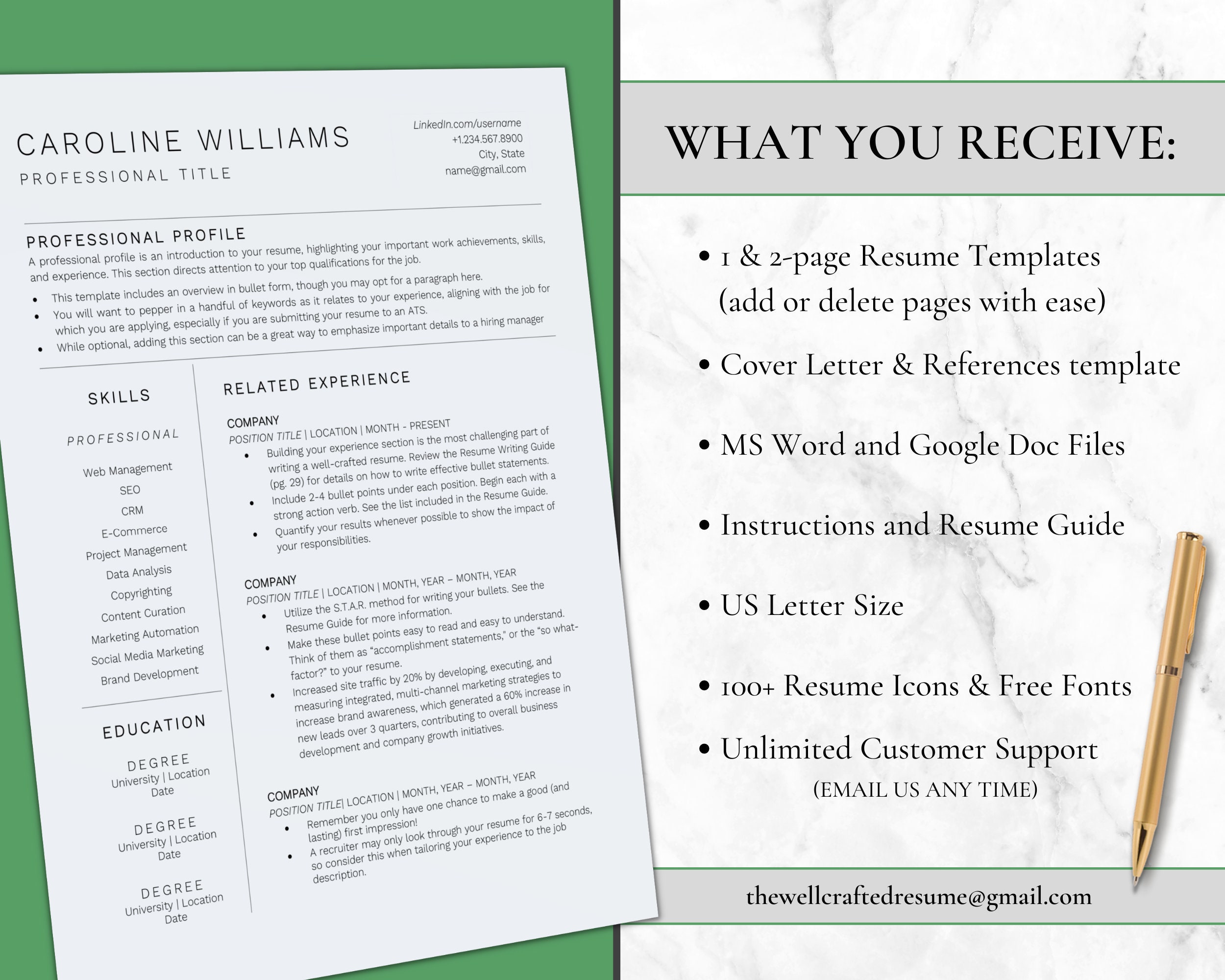 2023 Professional Resume Template, CV, Google Docs, MS Word, Recruiter ...