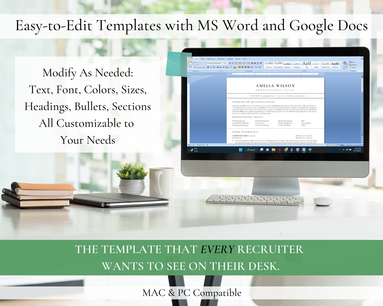 2023 Professional Resume Template, CV, Google Docs, MS Word, ATS ...