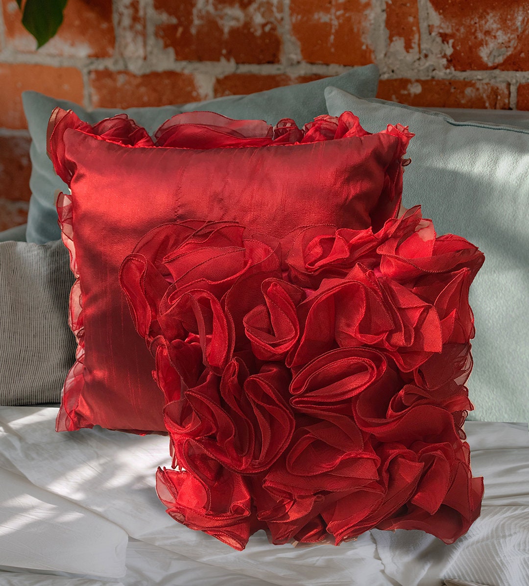 Red & Burgundy Decorative Pillow Cover, Ruffles Throw Pillow, Applique ...
