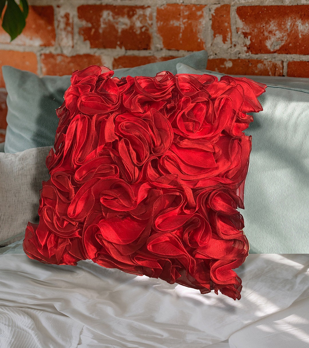 Red & Burgundy Decorative Pillow Cover, Ruffles Throw Pillow, Applique ...