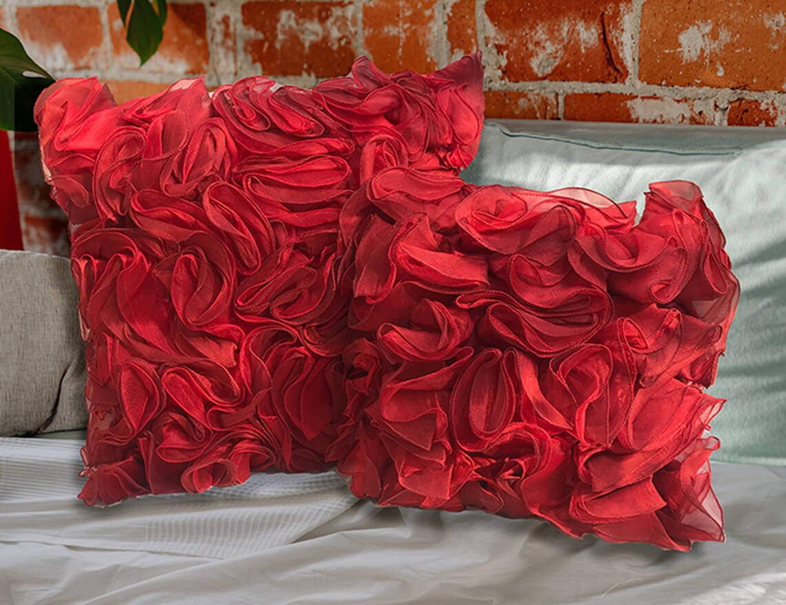 Red & Burgundy Decorative Pillow Cover, Ruffles Throw Pillow, Applique ...