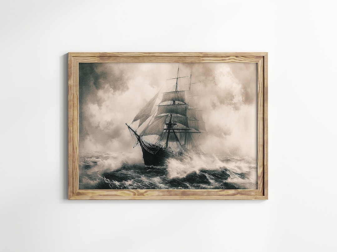 Ship in a Storm Vintage Drawing Print, Sailboat Art Print, Nautical ...