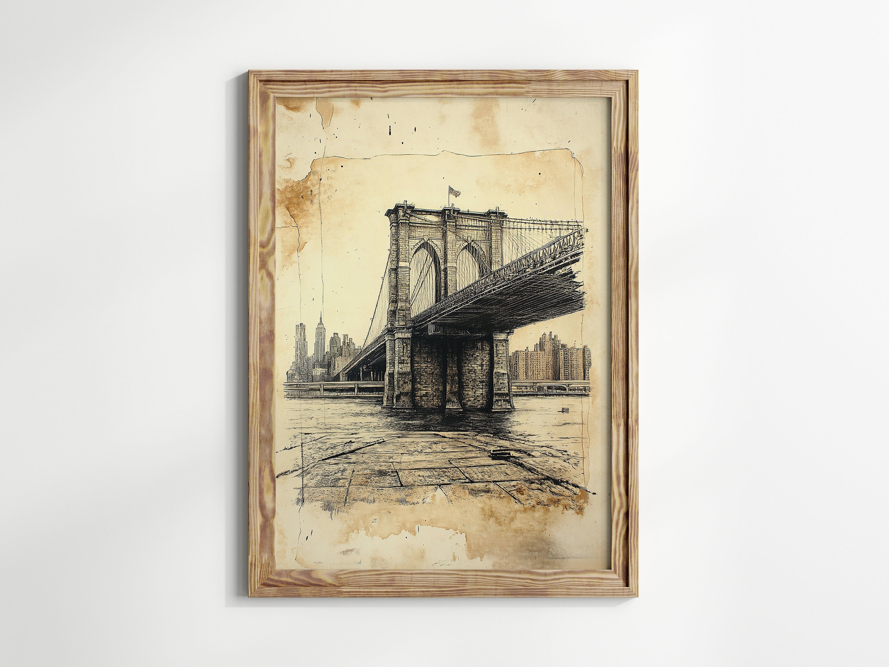 Vintage Brooklyn Bridge Sketch Print, Retro New York City Wall Art ...