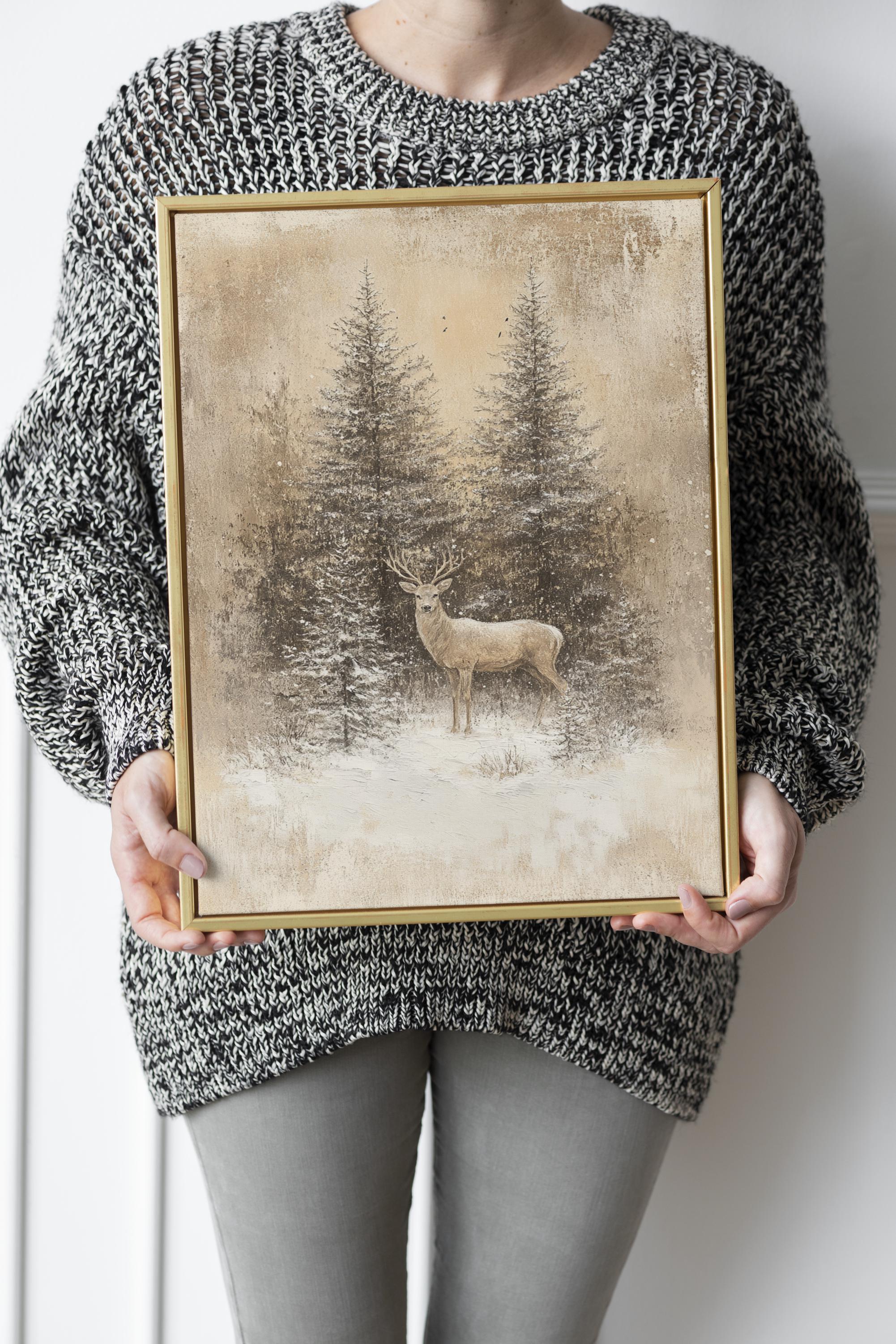 Rustic Deer Winter Forest Print, Country Cabin Wall Decor, Vintage ...