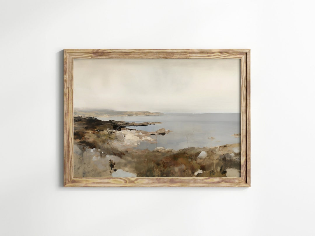 Antique Coastal Seaside Painting, Vintage Moody Coast Print, Muted ...