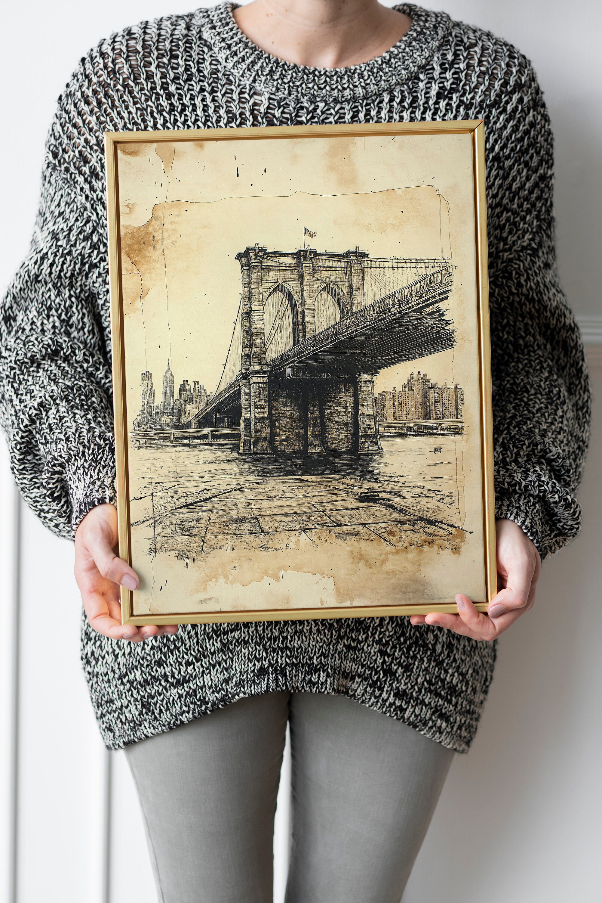 Vintage Brooklyn Bridge Sketch Print, Retro New York City Wall Art ...