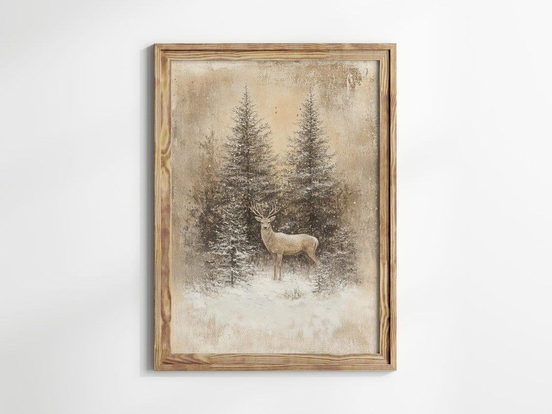 Rustic Deer Winter Forest Print, Country Cabin Wall Decor, Vintage ...