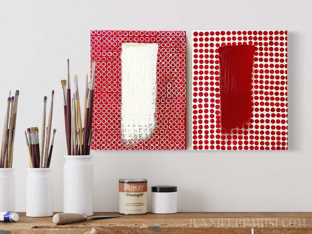 Original Abstract Painting, Red Dot and Brush 2pc. 11 X 14, Oil on ...