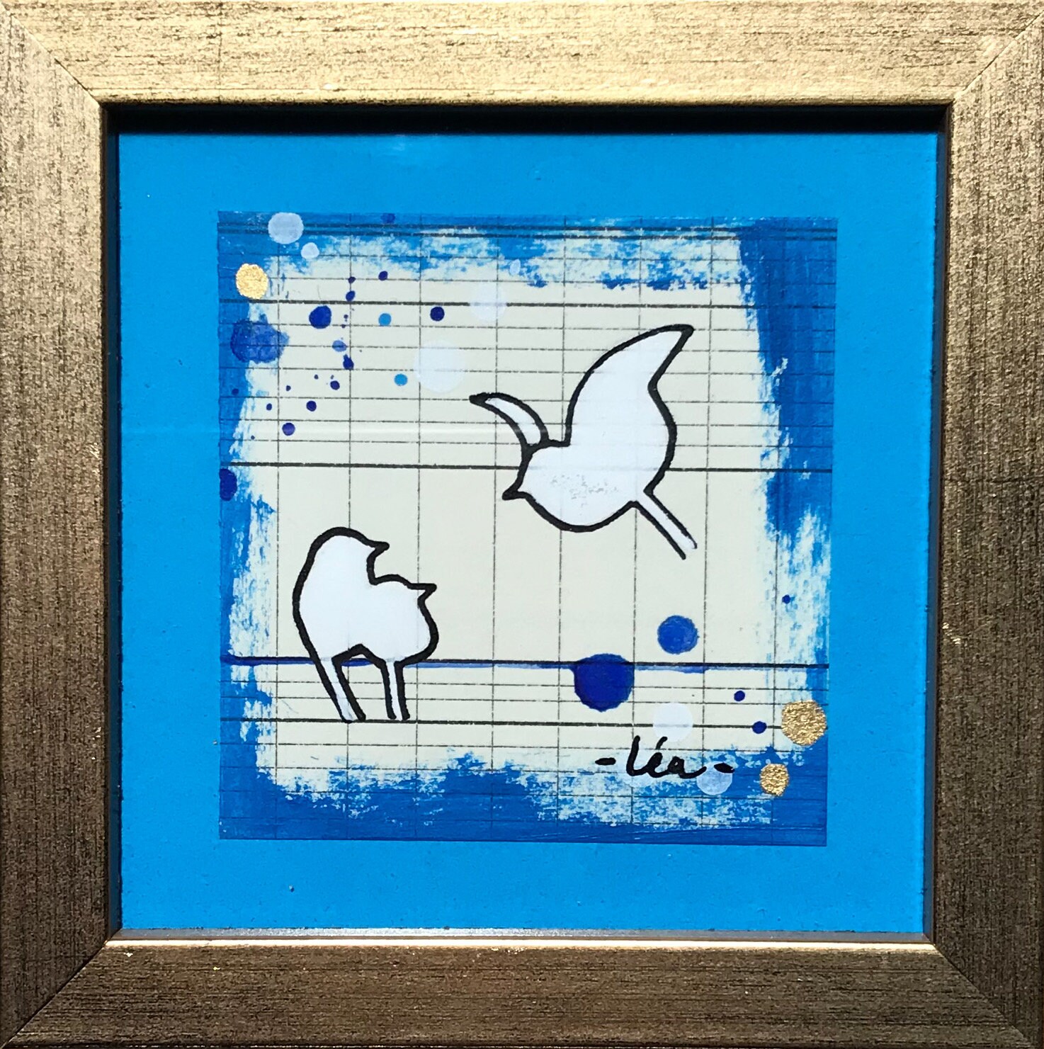 Mini Square Frame Original Drawing Birds "on the Wire", Watercolor and ...