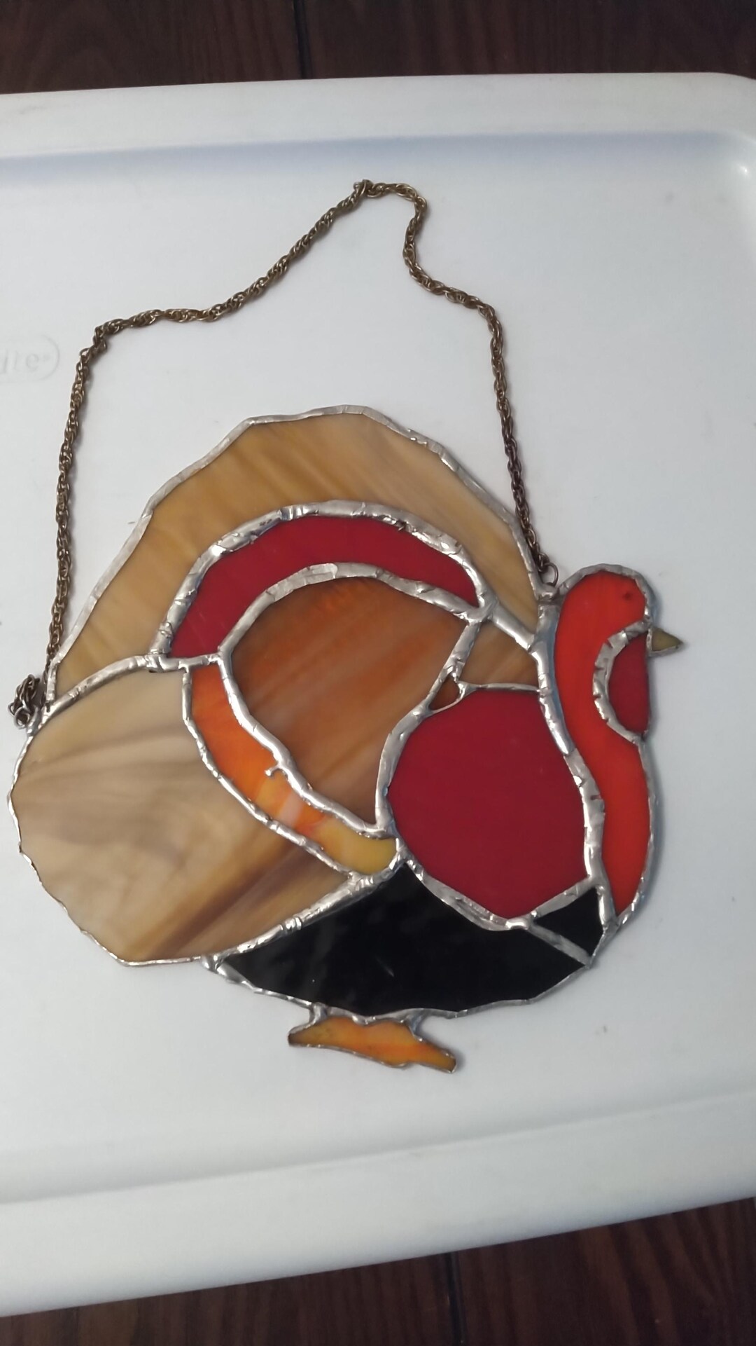Vtg Stained Glass Turkey Window Hanging Decoration Thanksgiving Decor ...