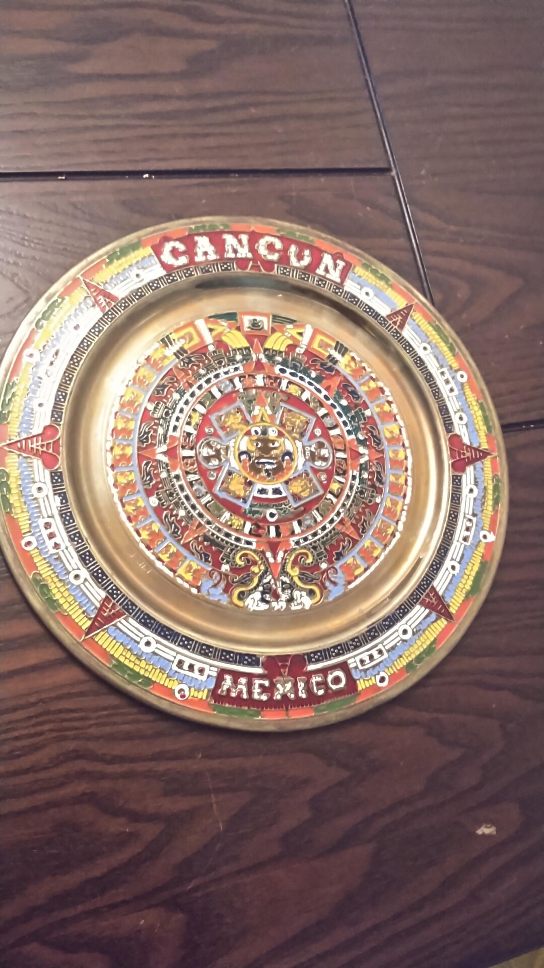 Vtg Cancun Mexico Brass and Enameled Hand Painted Aztec Calendar Wall ...