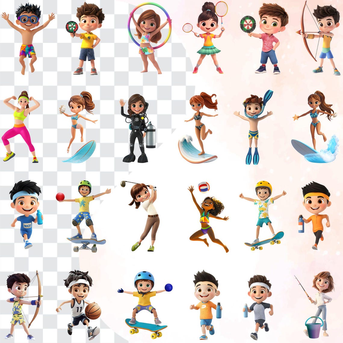 Summer Sports Clipart Bundle | Cute 3D Kids Playing Sports PNG ...